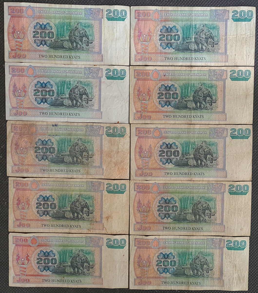 10 x Myanmar 200 Kyats Banknotes – Coinpeeps